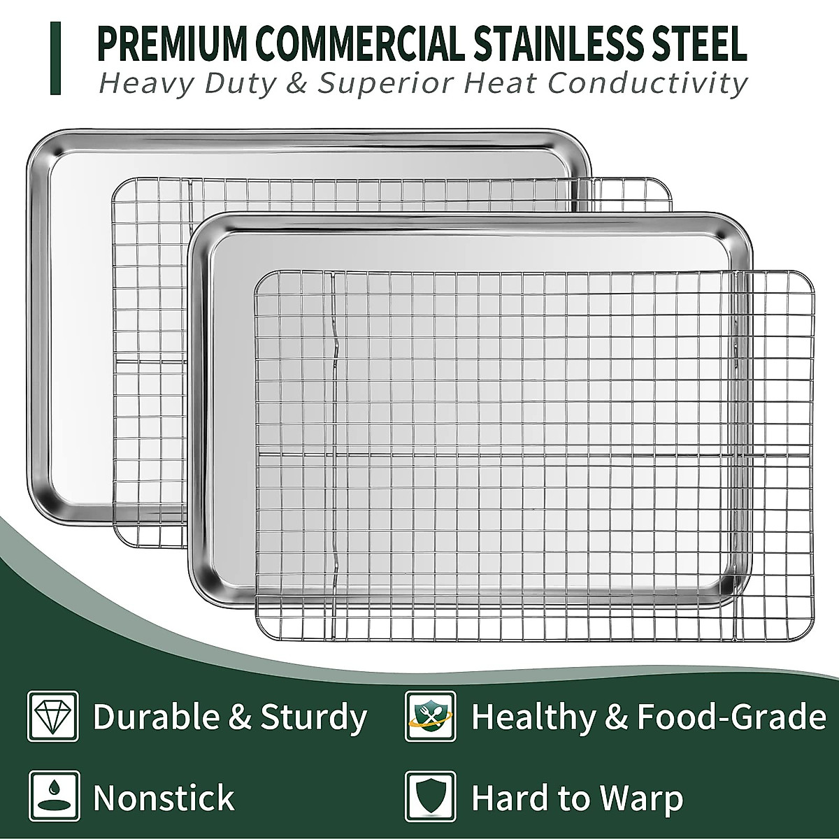 Quarter Sheet Pan with Cooling Rack Set [2 Baking Sheets + 2 Baking Racks], CEKEE Stainless Steel Cookie Sheets for Baking and Wire Rack - Rust & Warp Resistant & Nonstick, Size 12 x 9.8 x 1 Inch