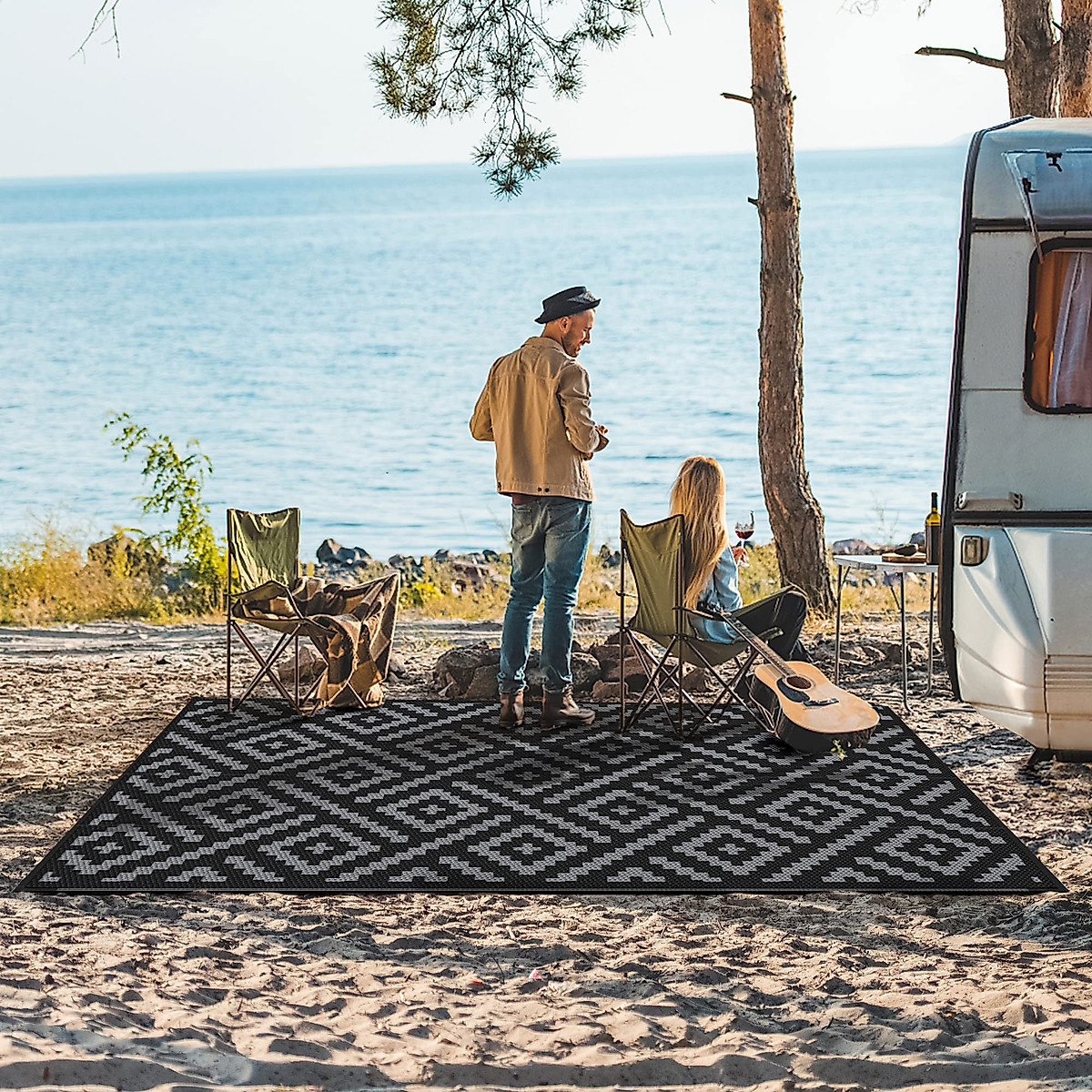 GENIMO Outdoor Rug for Patio Clearance,6'x9' Waterproof Mat,Reversible Plastic Camping Rugs,Rv,Porch,Deck,Camper,Balcony,Backyard,Black & Gray