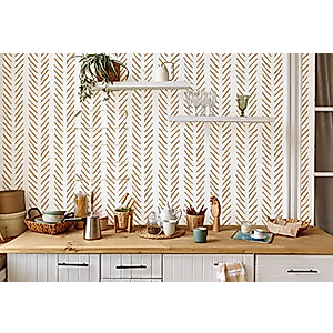 HAOKHOME 96101-3 Boho Peel and Stick Wallpaper Brush Strokes Stripes Removable Terracotta/White Chevron Vinyl Self Adhesive Mural 17.7in x 9.8ft