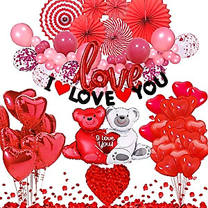 HIPEEWO Valentines Day Party Decorations - Valentine's Day Decorations Including Banner, Paper Fans, Silk Rose Petals, Teddy Bear, Red Heart and Love Foil Balloons for Valentines, Anniversary, Wedding