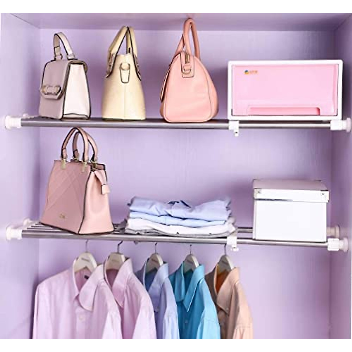 BAOYOUNI Expandable Closet Tension Shelf Rod Organizer Adjustable Storage Rack Heavy Duty Clothes Hanger Metal Space Saving Divider for Bathroom Kitchen Cupboard Wardrobe Bookshelf 32''-46'', Ivory