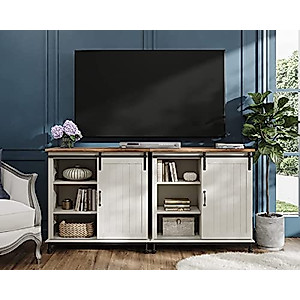 WAMPAT Multifunctional Storage Cabinet with Sliding Barn Door,LED Decorative Farmhouse Buffet Cabinet Coffee Bar Cabinet Accent Cabinet Entryway Storage Table for Living Room,Kitchen,70'',Cream White