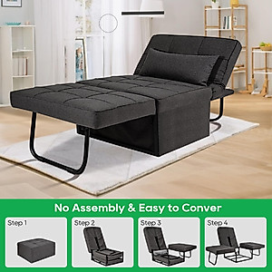 PORWEY Sleeper Chair Bed, 4-in-1 Convertible Futon Ottoman bed Sleeper, Foldable Sofa Couch with Adjustable Backrest for Guest Room/Office Living Room, No Assembly Required, 36” Width,Gray