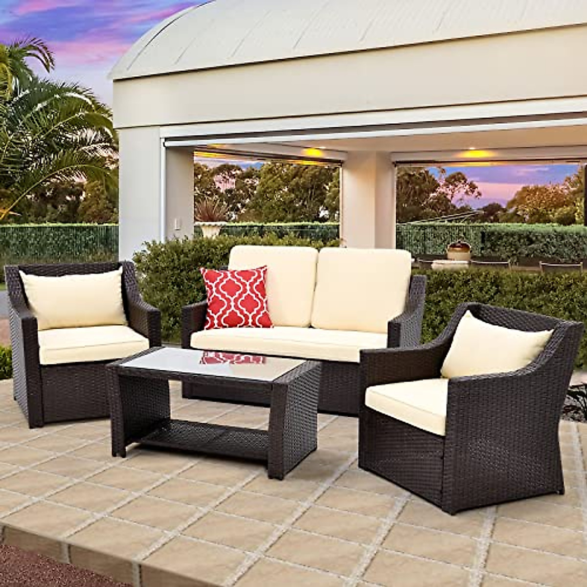 YITAHOME 2 Pieces Patio Wicker Chairs Rattan Outdoor Furniture Set Cushion & High Back, All Weather Garden Dinning Bistro Chair Outside Conversation Sets for Backyard Porch Poolside (Beige)