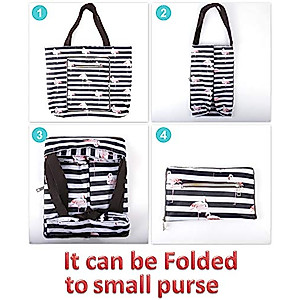 Women Beach Tote Utility Bag with Zipper, Black Stripe Foldable Cute Large Swim pool Waterproof Bag for Travel, Gym, yoga, Mom in Law Female Friend Sister Wife Girlfriend Good Gift