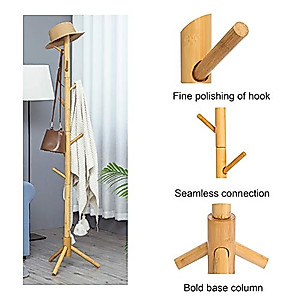 C&AHOME Bamboo Coat Rack Stand with 8 Hooks, Wooden Coat Tree Adjustable Sizes, Entryway Hall Tree Free Standing Coat Hanger Stand for Hat, Bag, Clothes, Jacket, Natural