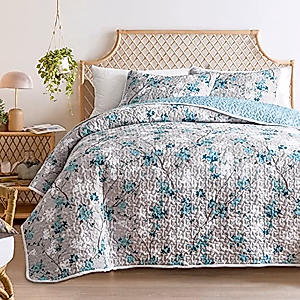 FlySheep Botanical Quilt Set Full Queen Size, 3 Pieces Grey and Aqua Elegant Floral Printed Summer Bedding Set, Soft Microfiber Lightweight Bedspread/Coverlet for All Season - 92"x90"