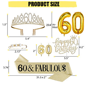 AgQrDkrc 60th Birthday Decorations for Women - Gold, Includes Crown, Sash, Cake Topper, Number Candles & Balloons