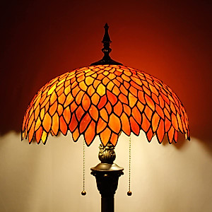 WERFACTORY Tiffany Floor Lamp Red Orange Wisteria Stained Glass Standing Reading Light 16X16X64 Inches Antique Style Pole Corner Lamp Decor Bedroom Living Room Home Office S523R Series