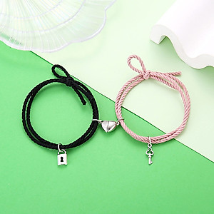 liforlove Heart Bracelet for Women Mutual Attraction Couple Bracelets Distance Relationship Her Rubber Rope Bracelet (black & pink, key lock pendant)