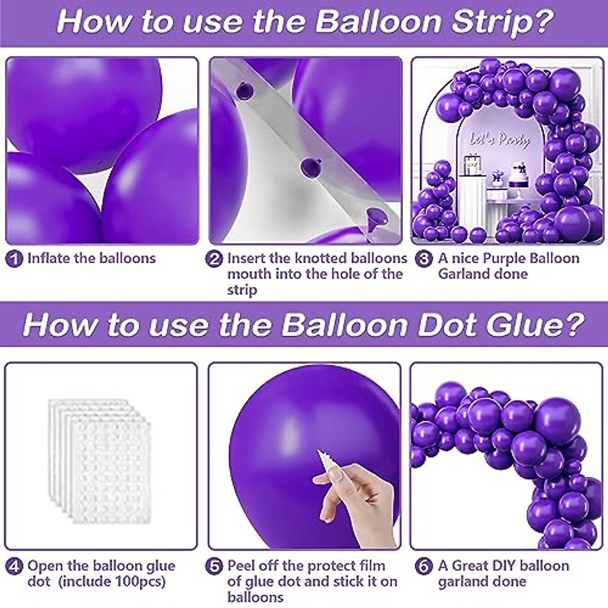 YAOWKY Purple Balloons Garland Arch Kit, 100PCS 18In 12In 10In 5In Purple Latex Balloons Garland Arch Kit with Glue Dot Strip and Ribbon for Birthday Weddings Anniversary Graduation Party Decorations