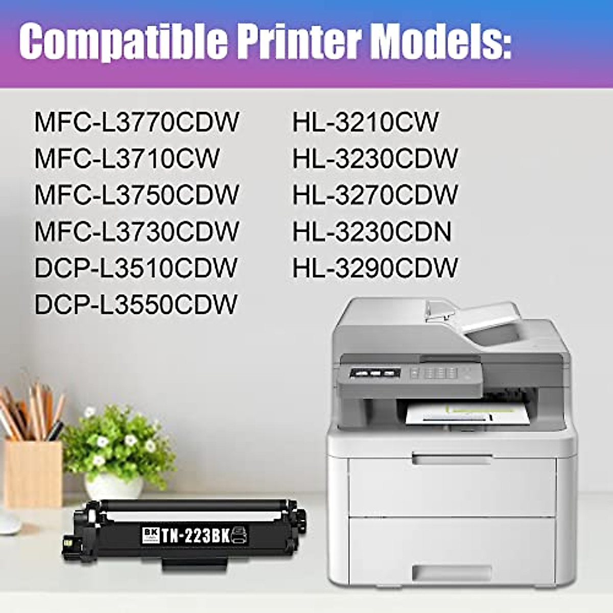 TN223BK TN-223BK Compatible 1 Pack Black TN-223 TN223 Toner Cartridge Replacement for Brother MFC-L3770CDW MFC-L3750CDW HL-3270CDW HL-3230CDN HL-3290CDW DCP-L3510CDW DCP-L3550CDW Toner Printer