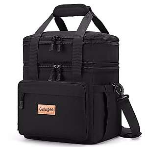 gelugee Lunch Bag Women,Double Deck Lunch Box for Men, Insulated Lunch Cooler Tote Bag, Waterproof Adult Lunchbox, 15L Large Black Lunch Pail for Work Office Picnic