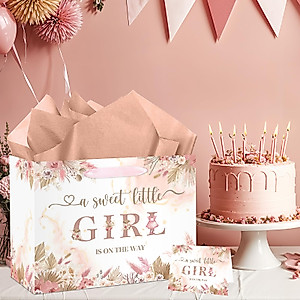 Baby Shower Paper Bag, Pink Floral Sweet Baby Girl Gift Bag with Tissue Paper and Card Boho Dried Flowers Wrap Bag with Handle for Baby Shower Birthday Gender Reveal Party Favors Decorations Supplies