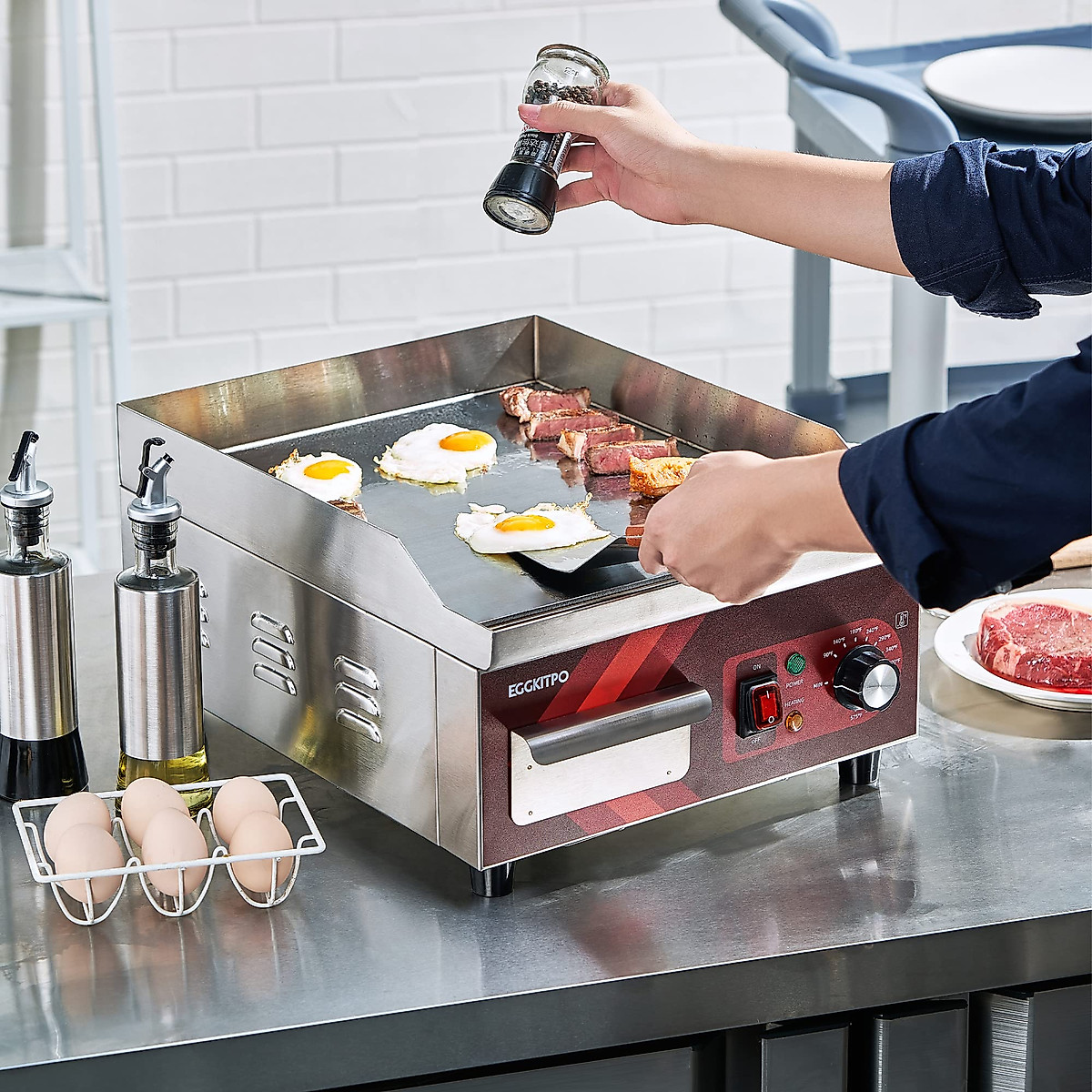 EGGKITPO 14 Inch Electric Griddle, Non-Stick Flat Top Grill Commercial Electric Countertop Griddles Stainless Steel Adjustable Temperature Control 90°F-575°F for Home or Restaurant Use