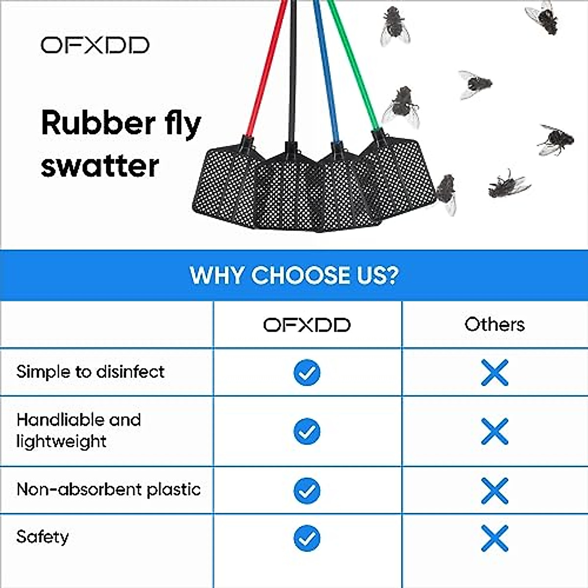 OFXDD Rubber Fly Swatter, Long Fly Swatter Pack, Fly Swatter Heavy Duty, Black and Light Blue Colors (2 Pack)