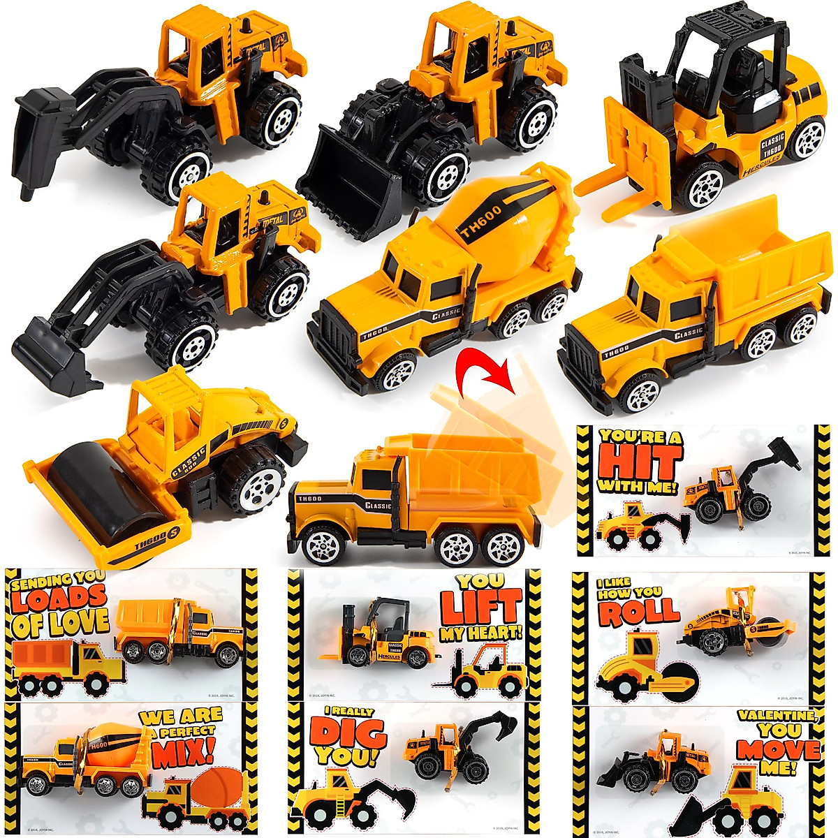 JOYIN 28 Pack Valentines Party Gift Cards with Mini Construction Vehicle Toy Set for Kids Valentine's Classroom Exchange Prizes Valentine Party Favor Toys Including Dump Truck, Excavator and More