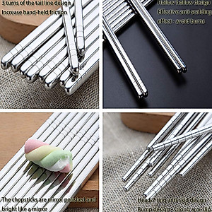 5 Pairs Metal Chopsticks Reusable, Stainless Steel Chopsticks Set, Lightweight 304 Non-Slip Metal Chop Sticks Dishwasher Safe, Japanese Korean for Cooking Chopsticks 8.9 Inch (Silver)