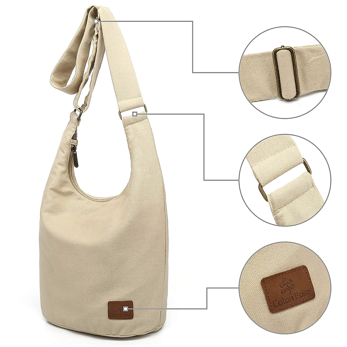 Hippie Crossbody Bag Large size Top Zip Cotton Sling Bag Jacquard cloth Handmade Bags (Tan Beige)