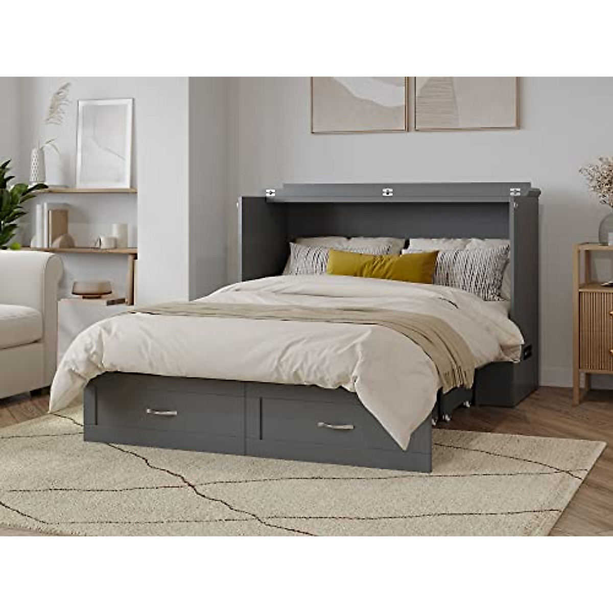 AFI, Hamilton Murphy Bed Chest with 6 inch Memory Foam Folding Mattress, Built-in Charging Station and Storage Drawer, Full, Grey