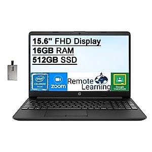 HP 2021 15.6" FHD IPS Laptop Computer, Intel Celeron N4020 Processor, 16GB DDR4 RAM, 512GB SSD, Intel UHD Graphics, 1 Year Office 365, Webcam, HDMI, Bluetooth, Win 10S, Black, 32GB SnowBell USB Card
