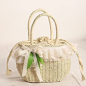 GK-O Mori Girls Handmade Straw Bag Handbag Basket Woven Bag Sweet Knit Lolita Lace Bag Summer Rattan bag (White)