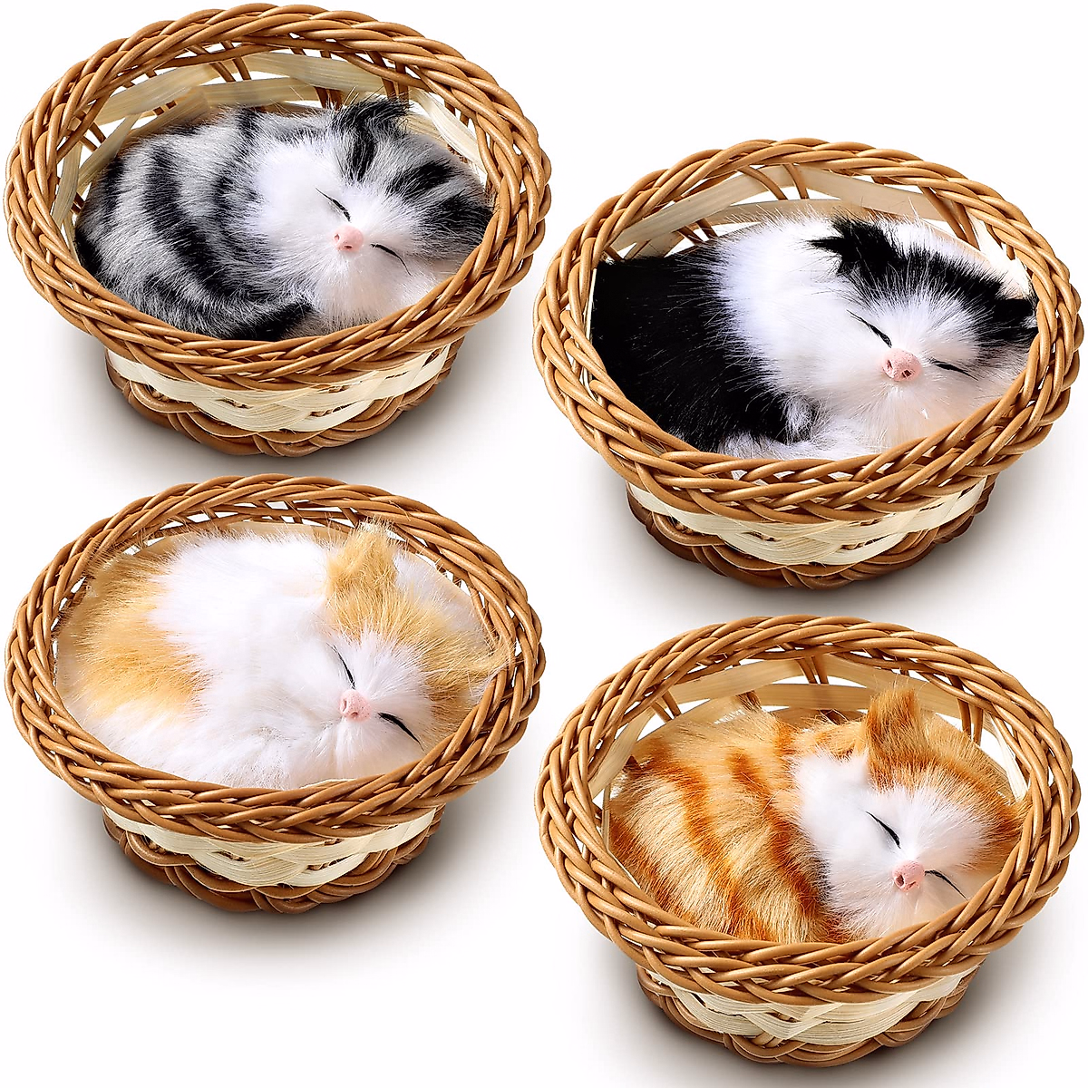 Civaner 4 Pcs Sleeping Cat in Basket Doll Toy Lovely Mini Kitten in Woven Realistic Fake Fluffy Hand Gift Plush Stuffed Decor with Meows Sounds for Office Desk Boys Girls