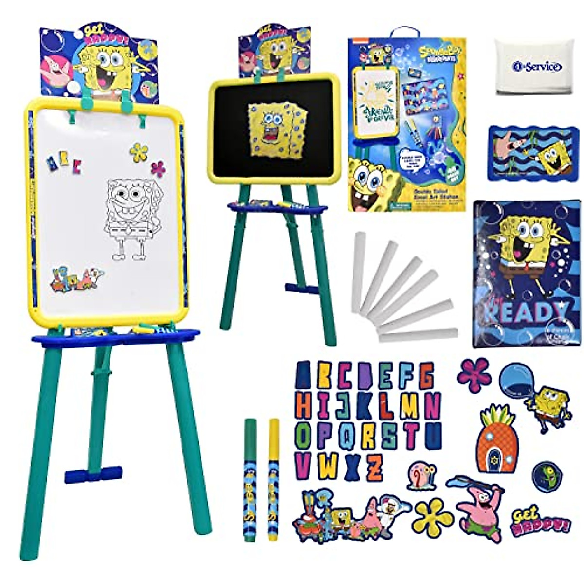 Spongebob Standing Art Easel for Kids, Toddler Drawing Dry Erase Magnetic Whiteboard, Chalkboard, Accessories and Number 1 in Service Tissue Pack (47 Pieces)