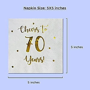 Cheers to 70 Years Cocktail Napkins | Happy 70th Birthday Decorations for Men and Women and Wedding Anniversary Party Decorations | 50-Pack 3-Ply Napkins | 5 x 5 inch folded (White)