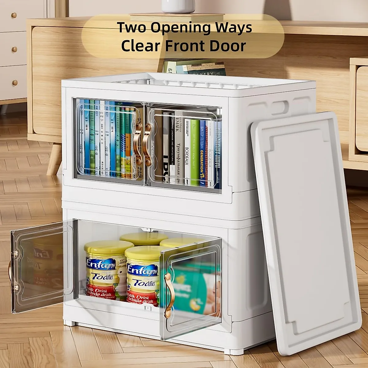 wookon Collapsible Storage Bin with Lid,27Gal/108QT Stackable Storage Bins with Door,Blanket Storage,Clear Storage Bins with Lids,Storage Shelves,Cube Storage Organizer,Bedroom Organization (3 Pack)