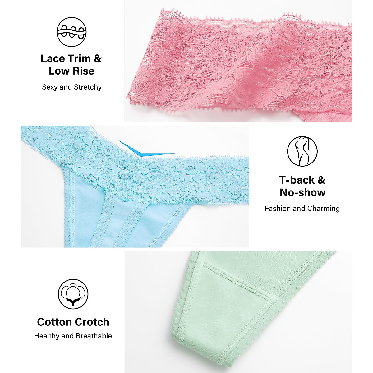 OLIKEME Seamless Thongs for Women, T Back Low Waist See Through Panties Sexy Thong Underwear Cotton Lace Thongs for Women Pack