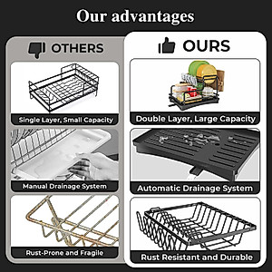 Famhap Dish Drying Rack, Large 2 Tier Dish Racks for Kitchen Counter, Durable Stainless Steel Kitchen Drying Rack with a Cutlery Holder, Drying Rack for Dishes, Knives, Spoons, and Forks