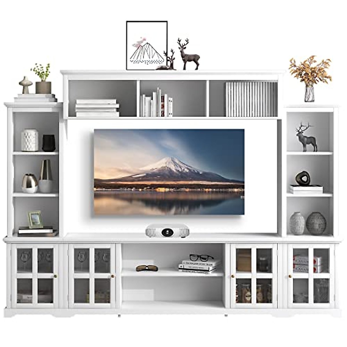 YISUYA Minimalism Style Entertainment Wall Unit with Bridge, TV Stand, Modern TV Console Table for TVs Up to 70”, Multifunctional TV Stand with Tempered Glass Door, Multifunctional TV Stand, White