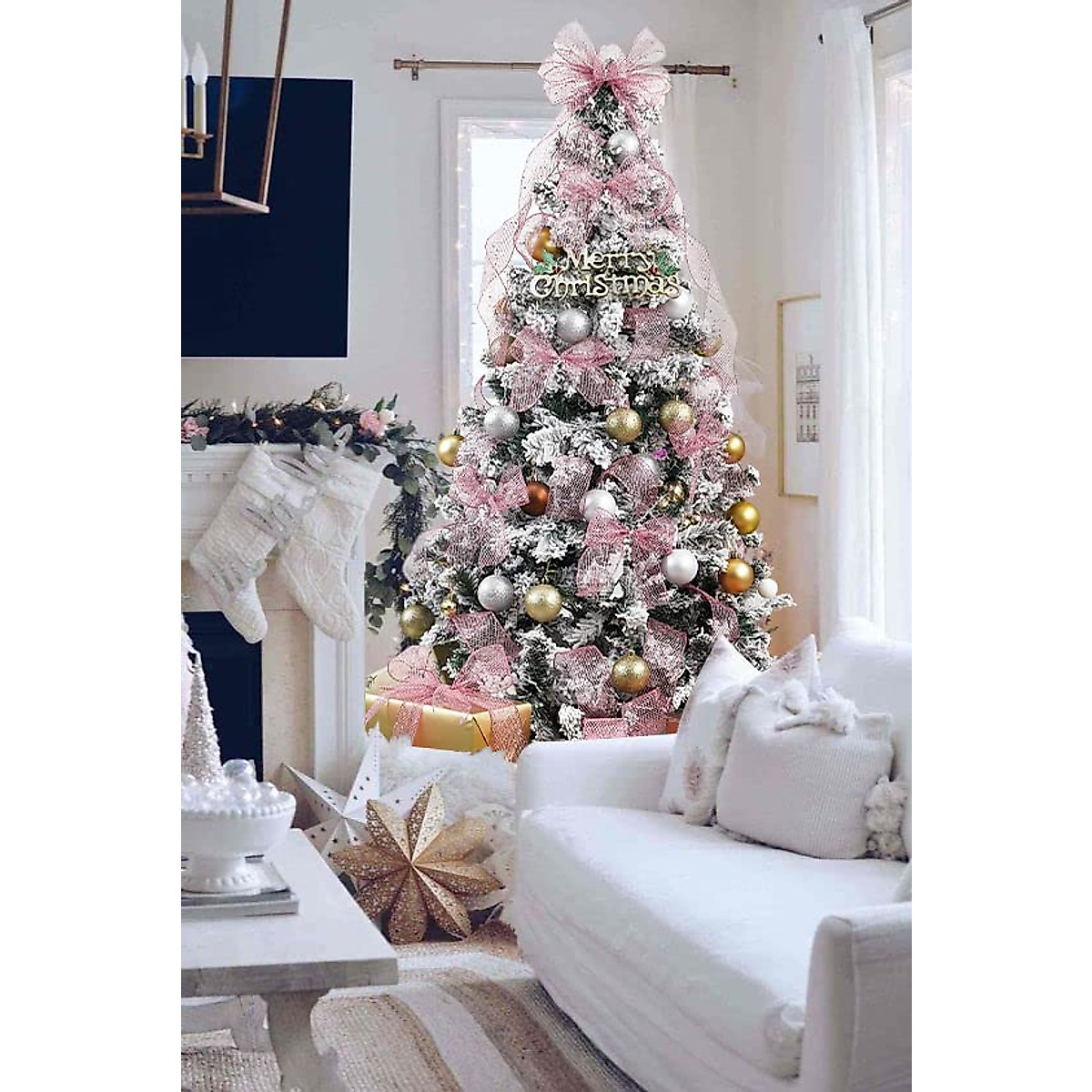 HUIHUANG Pink Glitter Wired Ribbon Web Mesh Ribbon Wired Metallic Sparkling Wire Edge Ribbon for Gift Wrapping Wreaths Making Christmas Tree Topper Bows Home Decor DIY Crafts -2.5" x 10 Yards