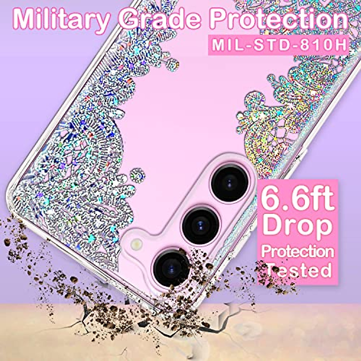 Coolwee Clear Glitter for Samsung Galaxy S23 Case, 6.1 inch, Anti Yellowing Military Grade Drop Protection Shockproof Flower Slim Crystal Bling Lace Floral Hard PC Soft TPU Bumper Cover Mandala Henna