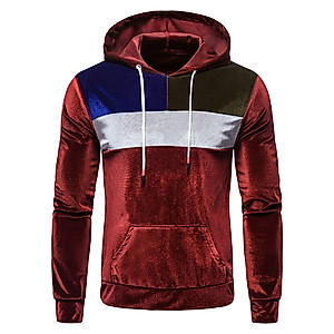Maiyifu-GJ Men's Color Block Hooded Velour Jacket Casual Long Sleeve Velvet Velour Hoodies Retro Hip Hop Sweatshirt Pullover (Red,3X-Large)