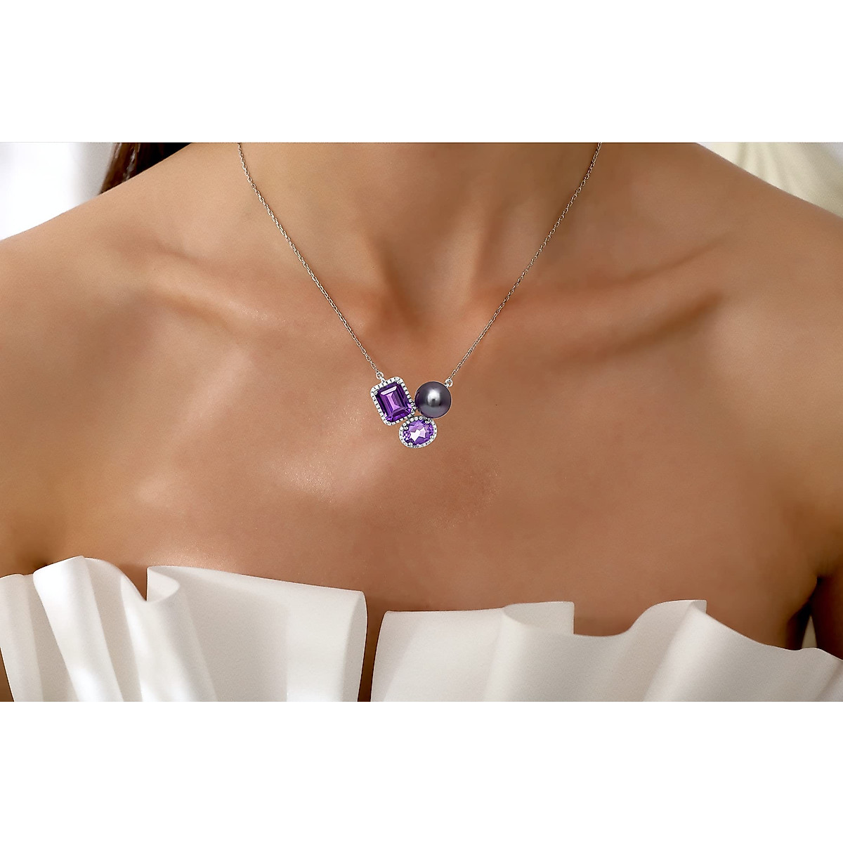 CHAULRI Top Grade Tahitian Black Pearl & Amethyst Necklace - 18K Gold over Sterling - Adjustable 19" - Feb/June Birthstone, Ombre Effect