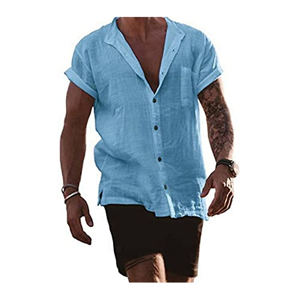 MBETA Cotton and Linen Solid Color Cardigan Loose Short Sleeve Shirt Suitable for Summer Menswear