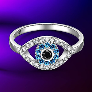 Blue Evil Eye Ring Sterling Silver Spiritual Turkish Third Eye Rings for Women Mal De Ojo Greek Protection Nazar Amulet Sapphire Jewelry Gift Size 8