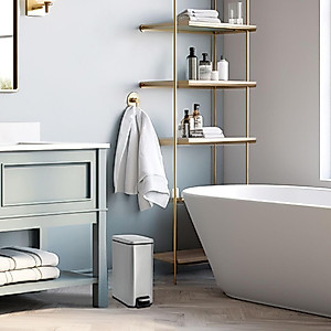 Moorefield Premium Stainless Steel Bathroom Wastebin, Rectangular Slim Design Trash Can, 1.6 Gallon Garbage Capacity, Step On Pedal, Slow Close Lid, Recessed Plastic Liner (Brushed Stainless Steel)