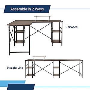 Techni Mobili Office Desk - Reversible L Shaped Desk with Storage Shelves, Monitor Stand & Accessory Holder - Ergonomic & Industrial Workstation Corner Table with Durable Steel Frame, Walnut