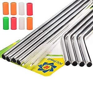 Kichwit Extra Long Stainless Steel Straws Set of 8, Reusable Wide Straws for Smoothies, 10.5 Inches Long, 5/16" Wide, Metal Drinking Straws, 2 Cleaning Brushes Included