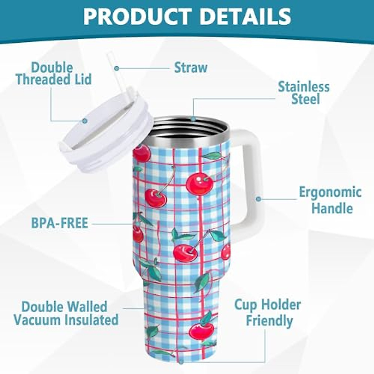 RPLIFE Kawaii Cherry Grid Pastel Stainless Water Bottle, Insulated Coffee Cups with Lids, Tumblers for Women