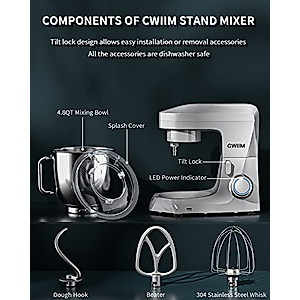 Stand Mixer, CWIIM 10+P Speed 5 QT Food Mixer with Dough Hook Whisk Beater Splash Guard Mixing Bowl, Tilt-Head Kitchen Electric Mixer for Baking Egg Bread Cakes Cookie Pizza Salad (White)