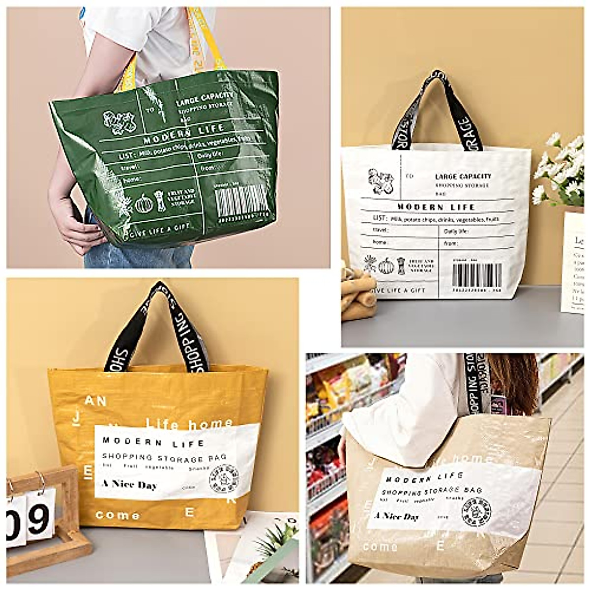 LUCKIPLUS 4 Pcs Foldable Grocery Bags Reusable Shopping Bags for Women-Two Size Grocery Bags Totes-Waterproof Reusable Tote Bags with Handles Heavy Duty Tote Bags Lightweight Tote Bags for Shopping