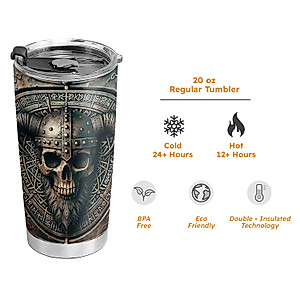 20oz Viking Celtic Warrior Skull Tumbler, Norse Mythology, Viking Gifts for Men, Coffee Thermos for Men, Stainless Steel Double Wall Vacuum Insulated Coffee Mug, Travel Cup with Lid