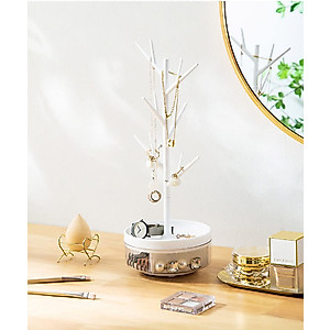 Half Room Branch Jewelry Rack With Rotatable Base and Storage Box Tree Tower Rack Hanging Organizer for Ring Earrings Necklace Bracelet,Suitable for living rooms, bathrooms,offices,etc.