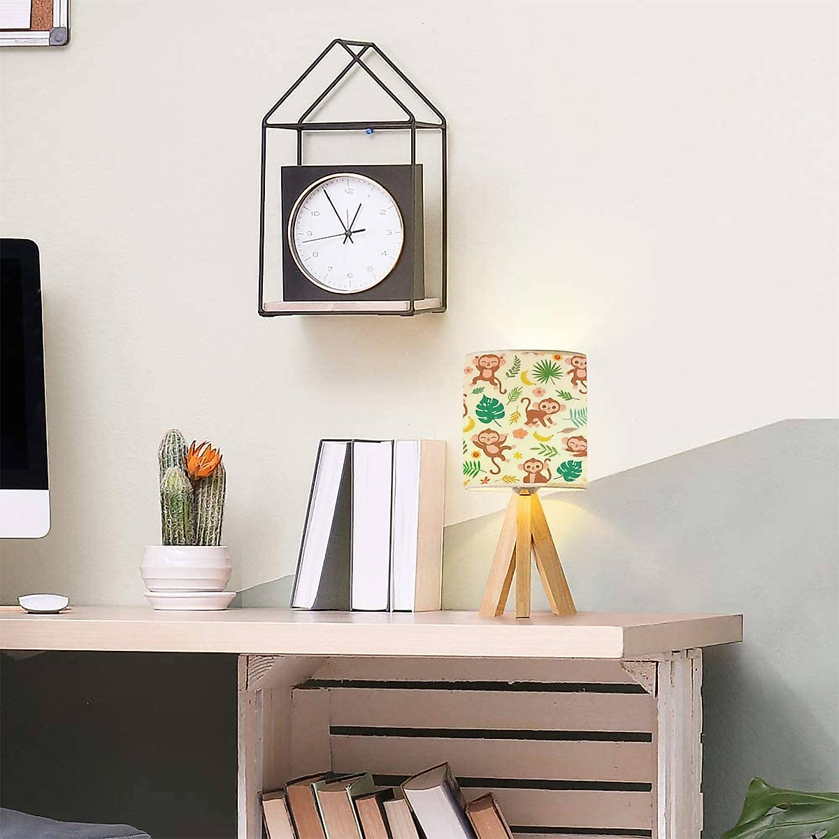 OEPWQIWEPZ Tripod Bedside Desk Table Lamp Seamless Baby Monkey Banana Tropical Leaves Cartoon Childish Jungle Wood Nightstand Lamp with Linen Fabric Shade for Nursery Bedroom Living Room Kids Room