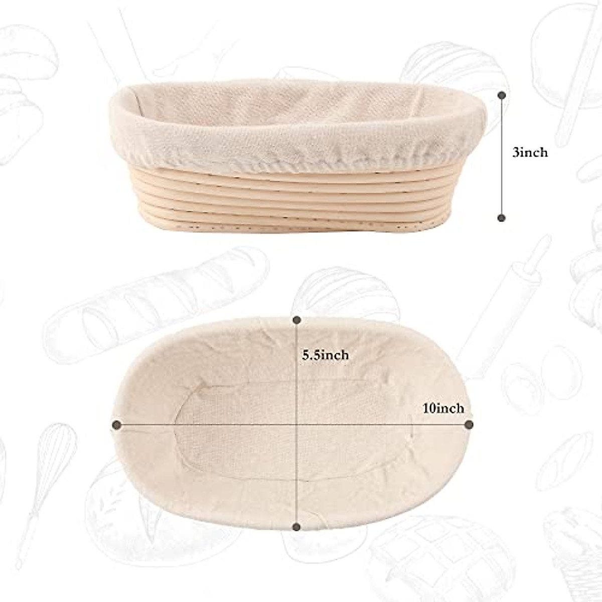 Joyyy Sourdough Bread Proofing Baskets with Liner, Dough Rising Ratten Bowl for Bread Making and Baking, Oval, 10 inch