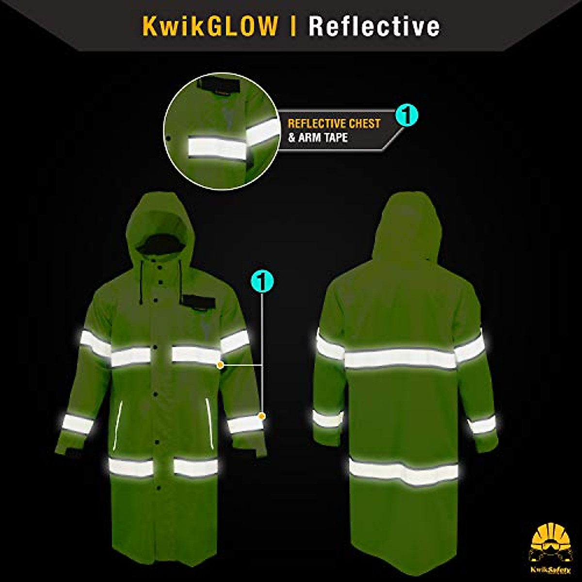 KwikSafety - Charlotte, NC - TORRENT High Visibility Rain Gear - FOLDABLE HOOD - Class 3 ANSI OSHA Reflective Waterproof Trench Safety Jacket/XL
